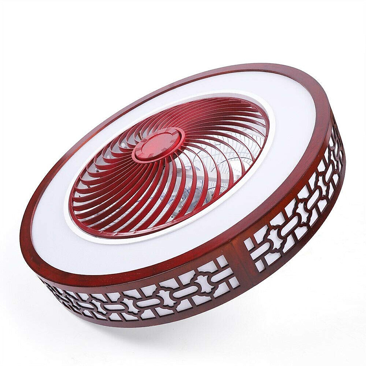 Ceiling Fan Light,22 Inch 64W 3 Colors 3 Speeds Round Retro Wood Remote Control Indoor Flush Mount Ceiling Fan Light