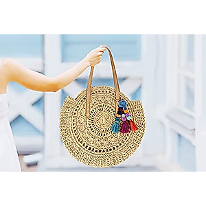 Beach Bag Straw Handbags for Women Natural Chic Large Round Bohemian Shoulder Hand Bag Wallet Purse with Boho Pom Pom Tassel Bag Charm Key Chain (Khaki)