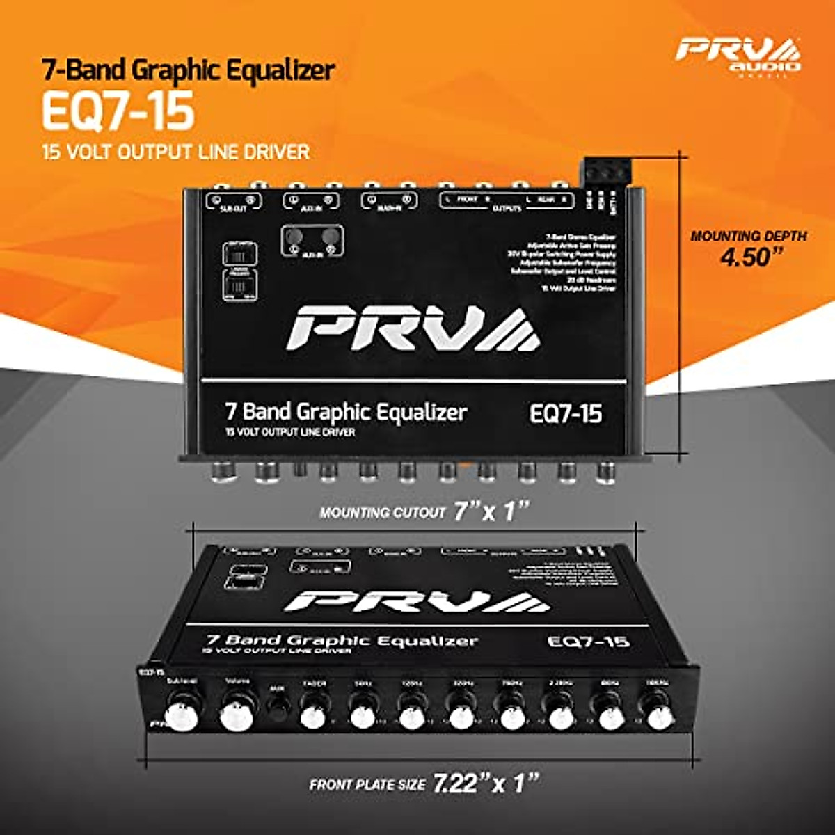 PRV AUDIO EQ7-15 7 Band Graphic Equalizer 15 Volt RCA Line-Level Output with Fader and Subwoofer Level Control for Car Audio
