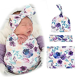 Newborn Floral Swaddle Blanket Purple Flower Rose Baby Receiving Blanket with Headband Soft and Stretchy Infant Swaddle Wrap Blanket for Baby Girl