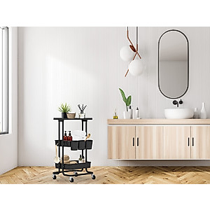 CAXXA 3-Tier Rolling Storage Organizer with Tabletop and 3 Small Baskets - Mobile Utility Cart, Printer Cart, Kitchen Cart (Black)