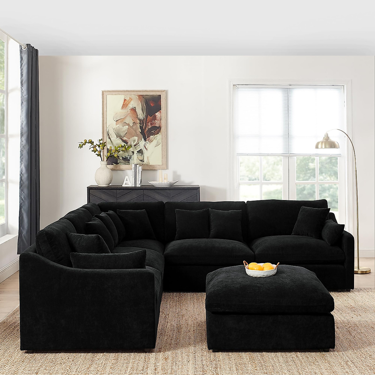 Yoglad Modern Oversized Modular Sectional Sofa Set with Down Feathers, L-Shaped Chenille Upholstered Couch with Ottoman and 10 Pillows for Living Room or Apartment (Black)