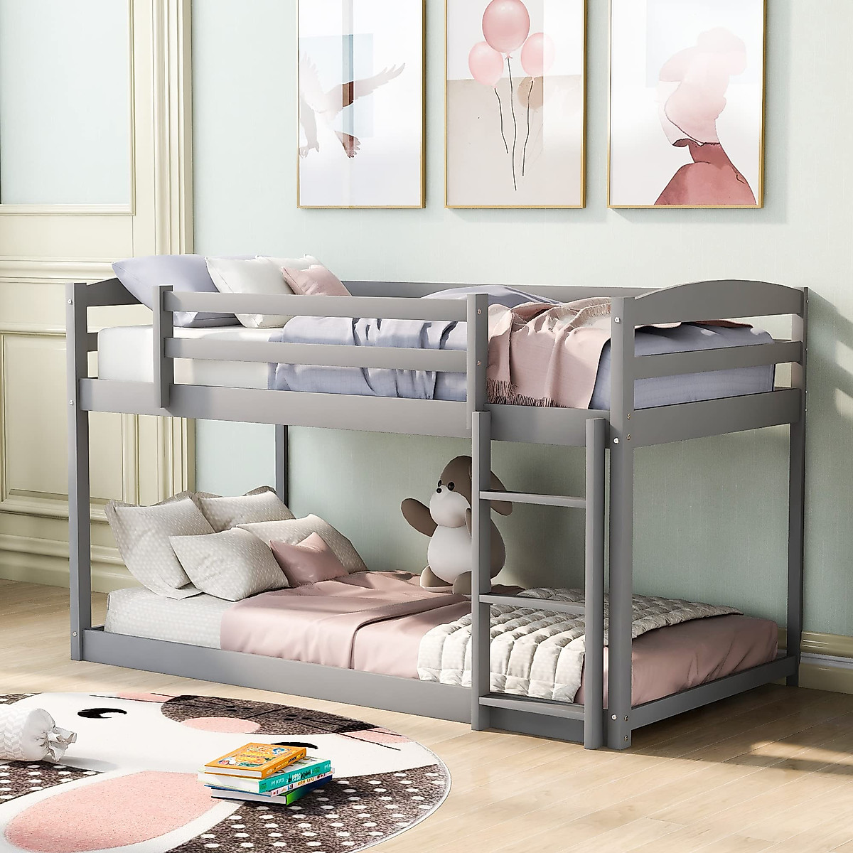 Harper & Bright Designs Low Bunk Bed Twin Over Twin, Wood Twin Bunk Bed Frame with Ladder and Guardrails, Kids Low Bunk Beds for Kids, Toddlers, Teens No Box Spring Needed (Gray)