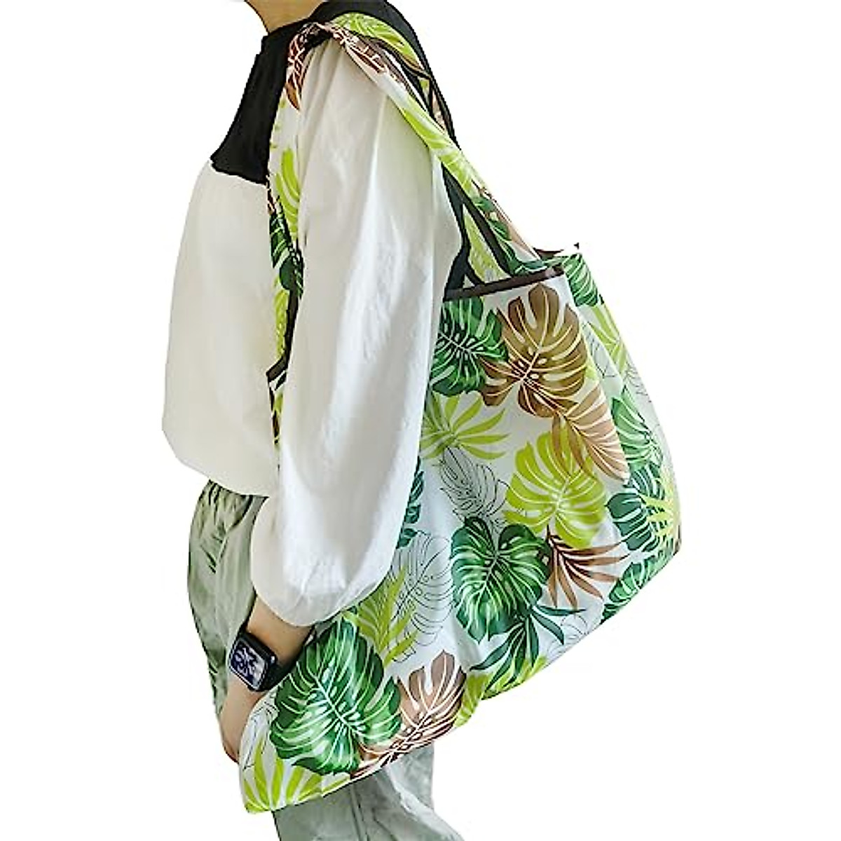 HAPPYHEIDI Reusable Grocery Shopping Bags Totes Foldable Washable with Long Handles for Heavy Duty, Fold-Up Pouch, for Beach Gym Travel, Bulk, Cute, 2 Pack,Leopard