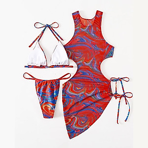 3 Piece Swimsuits for Women Padded Floral Print String Bikini Sets Bathing Suit Set Sexy Cutout High Neck Mesh Beach Cover Up Red