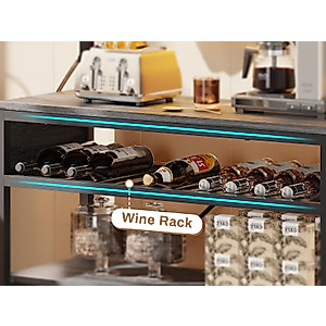 Itaar Bakers Rack with Power Outlet, 6-Tier Coffee Bar, Microwave Stand with Wine Rack, LED Lights and 10 Hooks, Bakers Racks for Kitchens with Storage, Grey