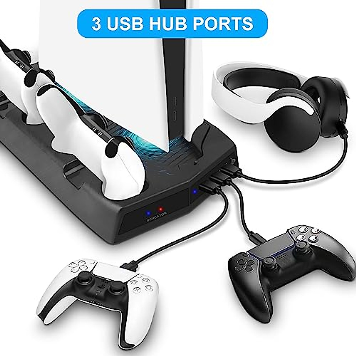 PS5 Charging Station with Cooling Fan, DualSense Controller Vertical Stand Dock for PS5 Console and Digital Edition, 3 USB Ports Retractable 14 Game Slots Storage Bracket for PlayStation 5 Accessories