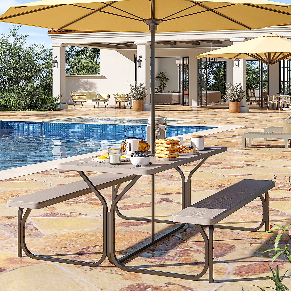 YITAHOME Picnic Table 6ft Heavy Duty Outdoor Picnic Table and Bench Resin Tabletop & Stable Steel Frame w/Umbrella Hole for Yard Patio Lawn Party Light Brown