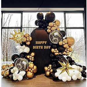 Black and Gold white balloon garland arch kit 136Pcs with Starburst crown 4D Agate balloons for birthday anniversary graduation prom party decorations