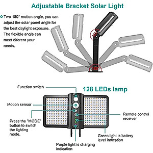 Ceena Outdoor Solar Lights with Romote, IP65 Waterproof Motion Sensor Wall Light, Cool&Warm Dimmable Flood Light, 128LEDs High Brightness Security Pole Light for Front Door, Patio, Backyard, 1Pack