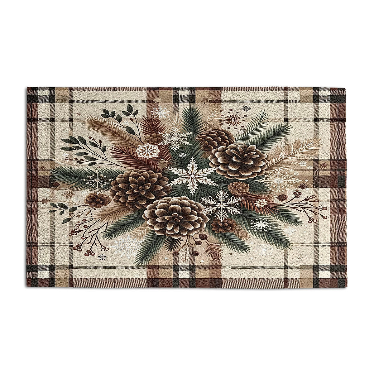 Ambesonne Christmas Doormat, Traditional Xmas Pinecone and Leaves Ornate on Plaid Background Print, Decorative Polyester Floor Mat with Non-Skid Backing, 30" X 18", Cocoa Brown Sage Green