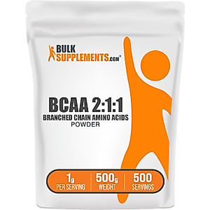 BulkSupplements.com BCAA 2:1:1 Powder - Branched Chain Amino Acids, BCAA Supplement, BCAAs Amino Acids Powder - Unflavored & Gluten Free, 1000mg per Serving, 500g (1.1 lbs) (Pack of 1)