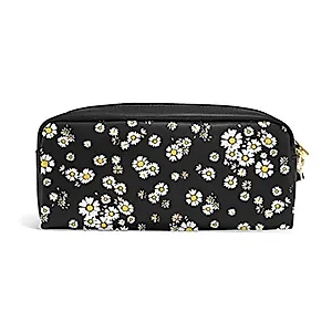 ALAZA Cute Pencil Case Beautiful Daisy Flowers Floral Black Pen Cases Organizer PU Leather Comestic Makeup Bag Make up Pouch, Back to School Gifts