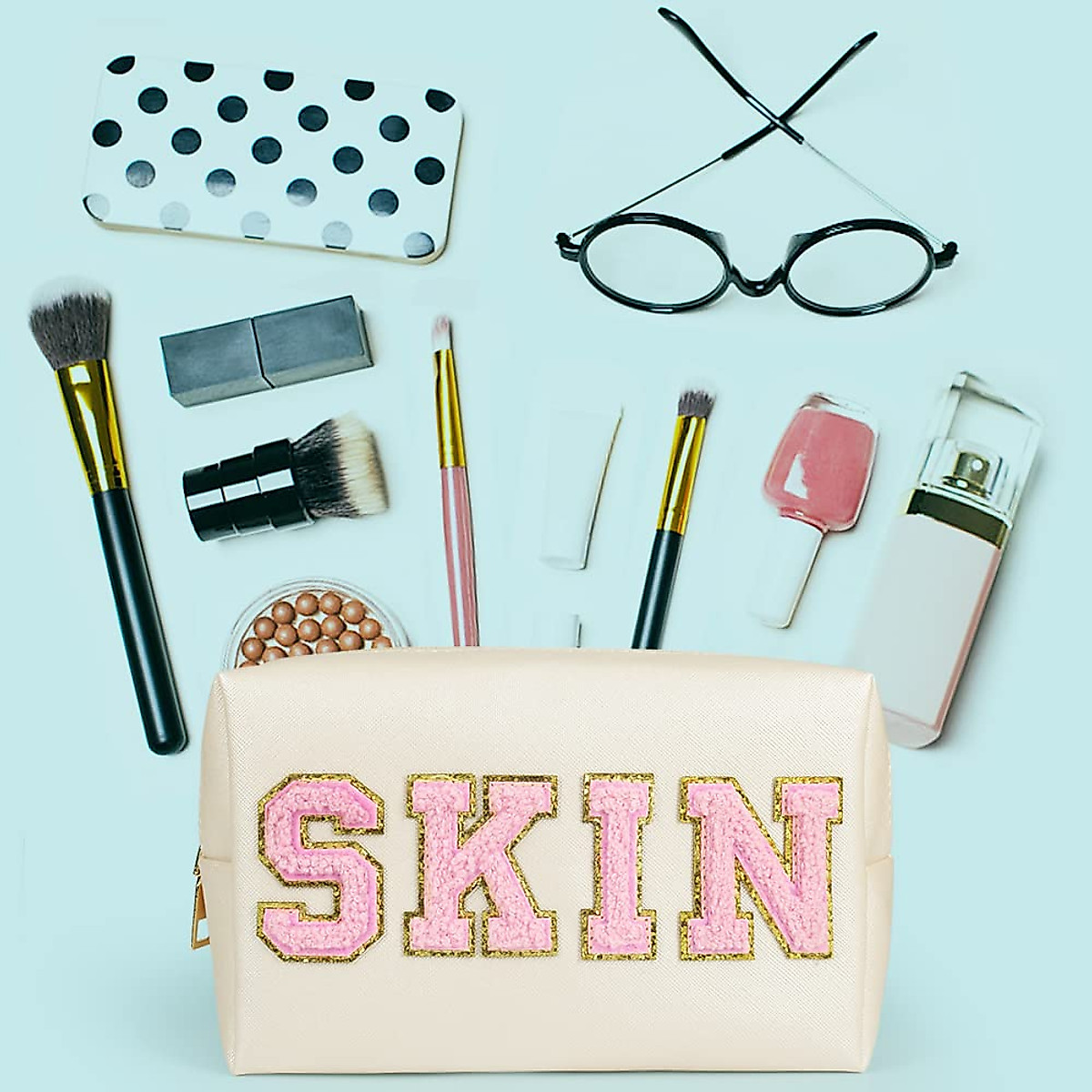 JOINDO Skin Makeup Bag, Skin Care Cosmetic Toiletry Bag, Preppy Makeup bag,Portable Makeup Zipper Pouch Storage Purse, PU Leather Skincare Organizer Bag for Travel Daily Use