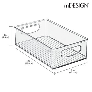 mDesign Plastic Kitchen Pantry Cabinet, Refrigerator or Freezer Food Storage Bins with Handles - Organizer for Fruit, Yogurt, Snacks, Pasta - Food Safe, BPA Free, 10” Long - 4 Pack, Clear