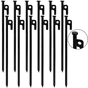 Suwimut 12 Pack Tent Stakes, 12 Inch Black Heavy Duty Forged Steel Tent Pegs, Metal Ground Stakes Tent Spikes for Camping Patio, Garden, Canopies, Grassland, Outdoor, Unbreakable and Inflexible