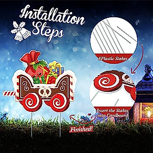 4 Pieces Christmas Decorations Outdoor Yard Train Lawn Sign Gingerbread Santa Snowman Heart Yard Sign with 8 Yard Stakes for Outdoor Christmas Decorations (Warm Style)