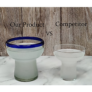 Dos Sueños Mexican Hand Blown Glass – Set of 4 Hand Blown Stemless Blue Rim Margarita Glasses (14oz)