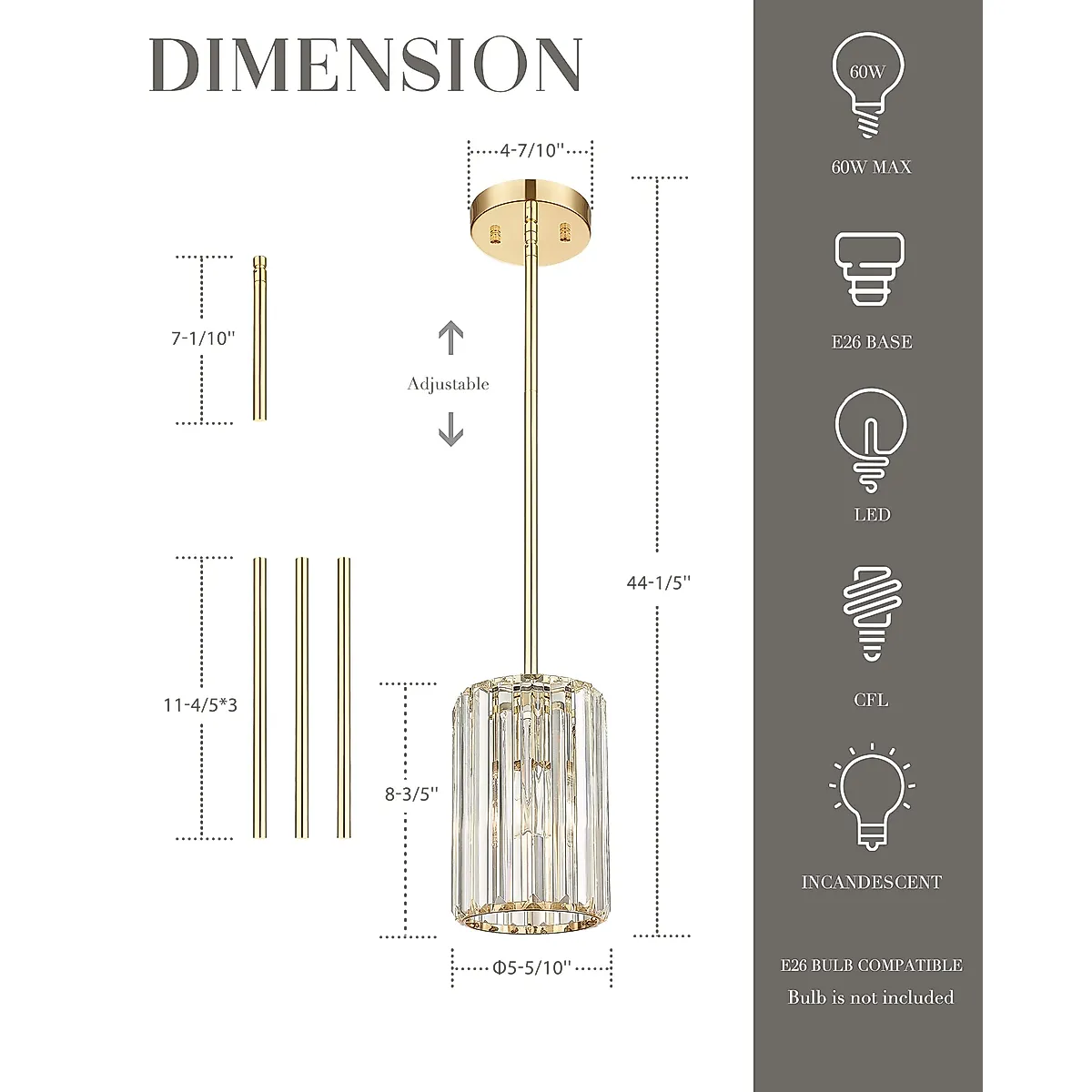 Cargifak Crystal Pendant Light, Mini Chandelier with Gold Finish, Modern Hanging Light Fixture for Kitchen Dinning Room Bedroom, CKPL5510-1P-CG-B