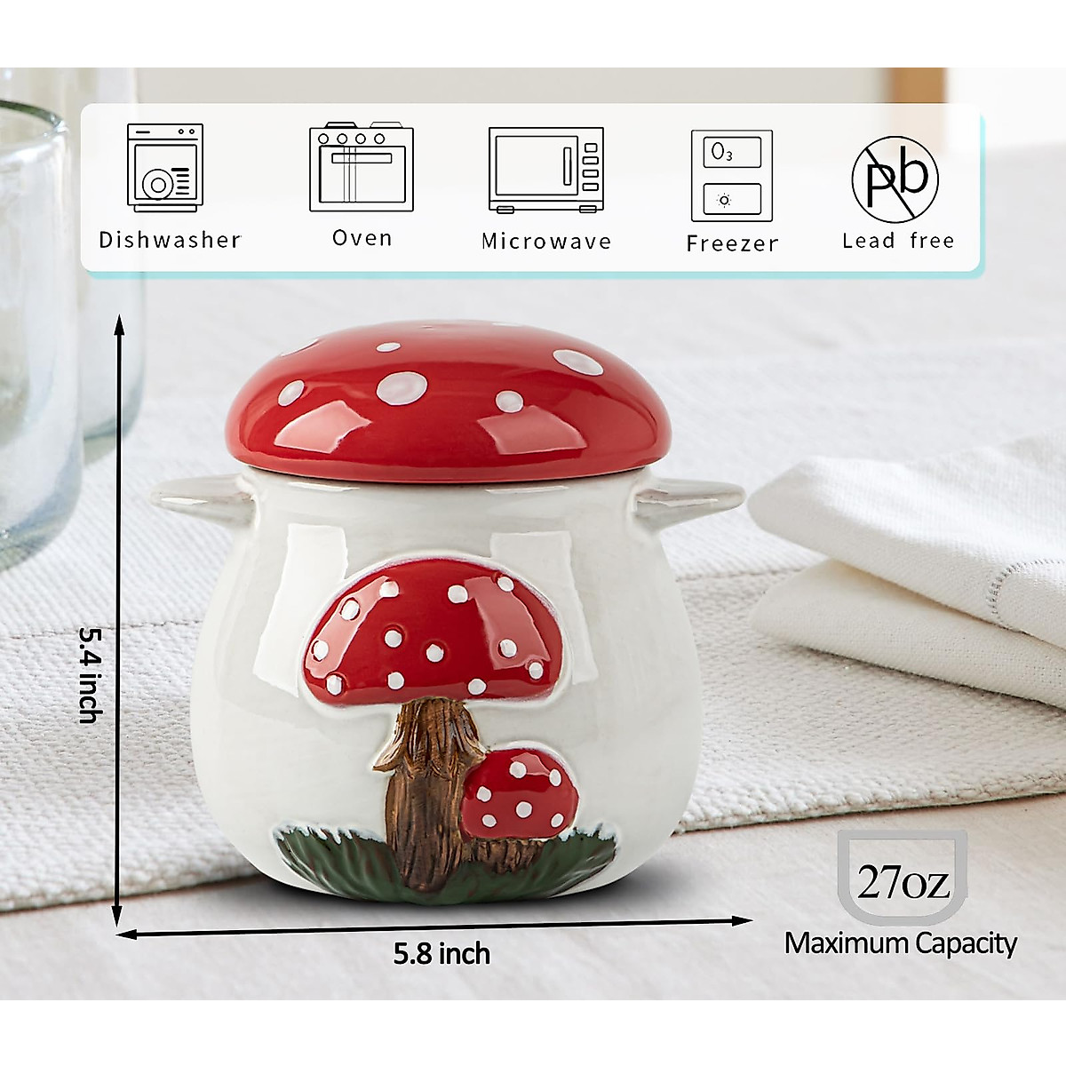 dgudgu Mushroom Garlic Keeper With Ceramic Container for Counter - Red Garlic Holder and Saver