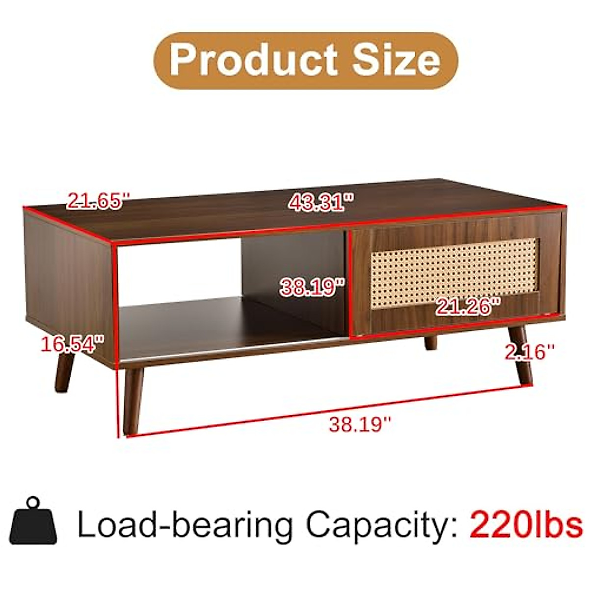 Ganooly Mid Century Modern Coffee Table with Storage, 43.3 Inch Rectangle Wooden Accent Center Table with Sliding PE Rattan Woven Door Panel and Solid Wood Legs, Suitable for Living Room, Apartment