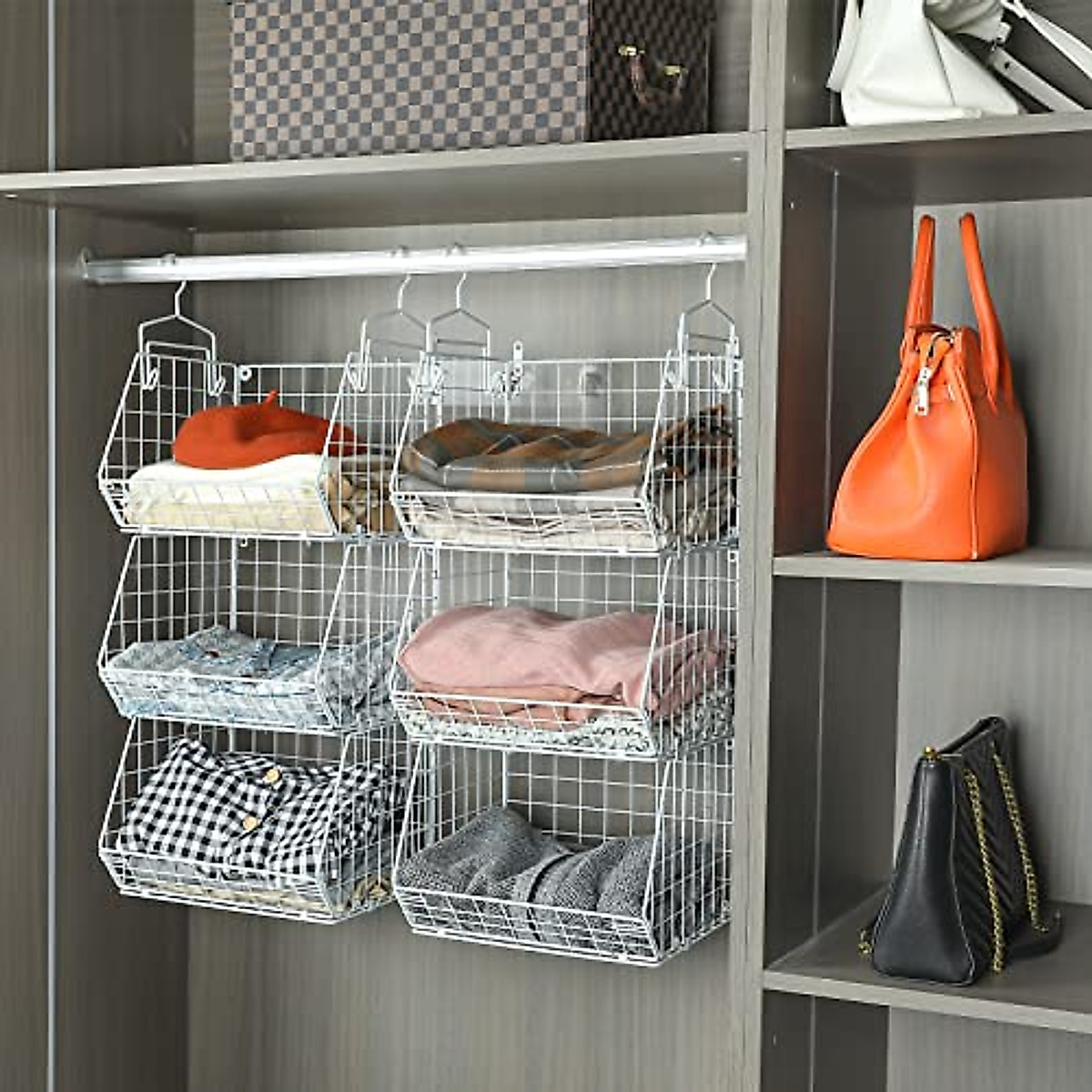 X-cosrack 6 Tier Closet Hanging Organizer, Clothes Hanging Shelves with 4 Hanging Hooks 5 S Hooks, Wire Storage Basket Bins, for Clothing Sweaters Shoes Handbags Clutches Accessories Patent Design