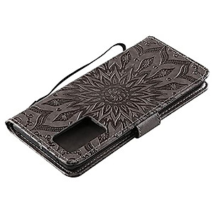 SATURCASE Case for Oppo Reno 6 Pro 5G, Sun Flower Embossing PU Leather Flip Magnet Wallet Stand Card Slots Protective Cover with Hand Strap for Oppo Reno 6 Pro 5G (Gray)