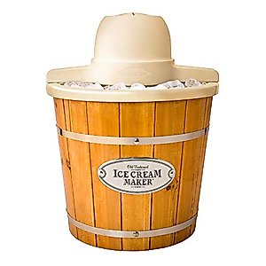 Nostalgia Electric Ice Cream Maker, Old Fashioned Bucket Style Ice Cream Machine Makes 4-Quarts of Ice Cream, Frozen Yogurt or Gelato in Minutes, Made from Real Wood, Brown