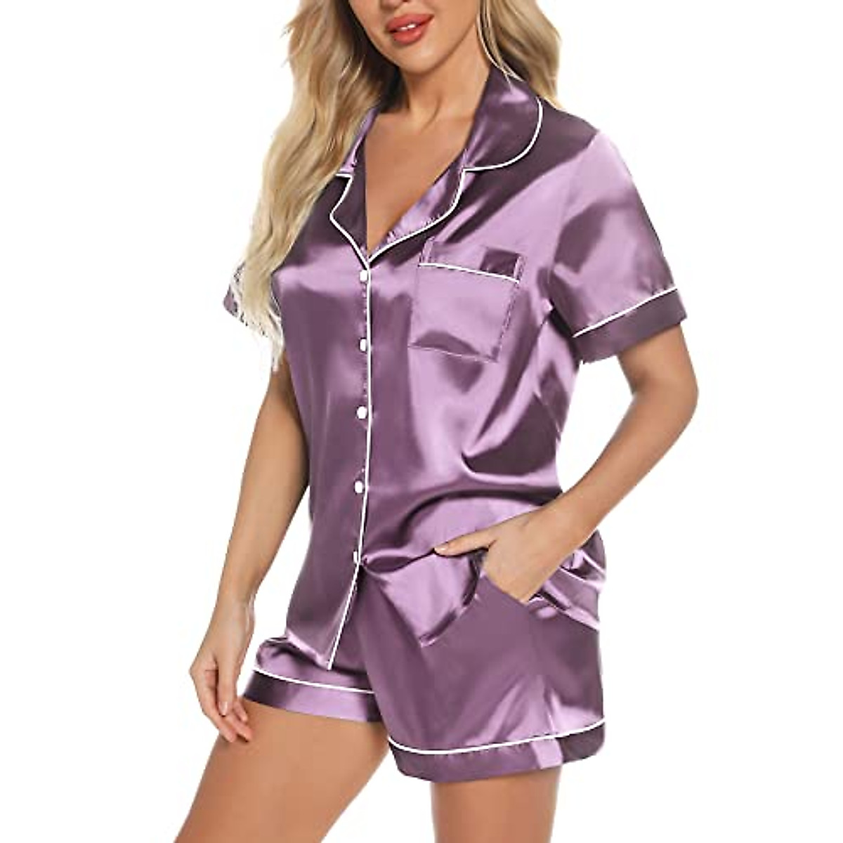 Women's Silk Satin Pajamas Set Short Sleeve Sleepwear Two Piece Button Down Pj Set with Pockets Violet
