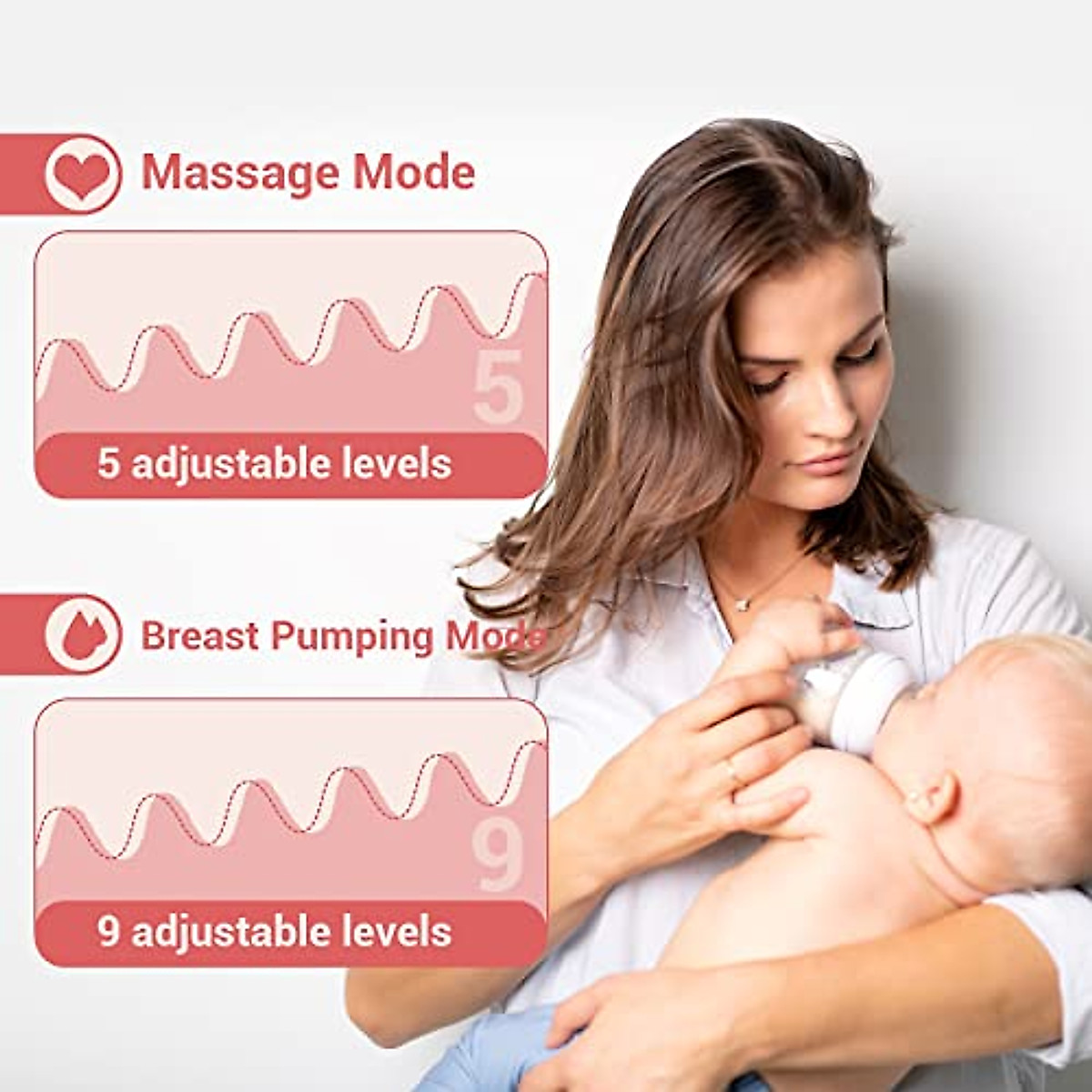Electric Breast Pump, Portable Breast Pump with 2 Modes 9 Levels, Double Electric Breast Pump with 24mm 27mm Massage Flanges, Strong Suction hands free breast pump, come with 4 Breastmilk Storage Bags