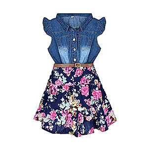 YJ.GWL Girls Dresses, Denim Tops Flower Girl Dress, Princess Dresses for Girls, Girls Spring Summer Dress Casual Outfits, Party Dresses Fashion Clothes for Girls 8-10 Years