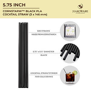 [500 COUNT] CORNSTRAW 5" Black PLA Cornstarch Plasticless Disposable Drink Stirrer Cocktail Straw