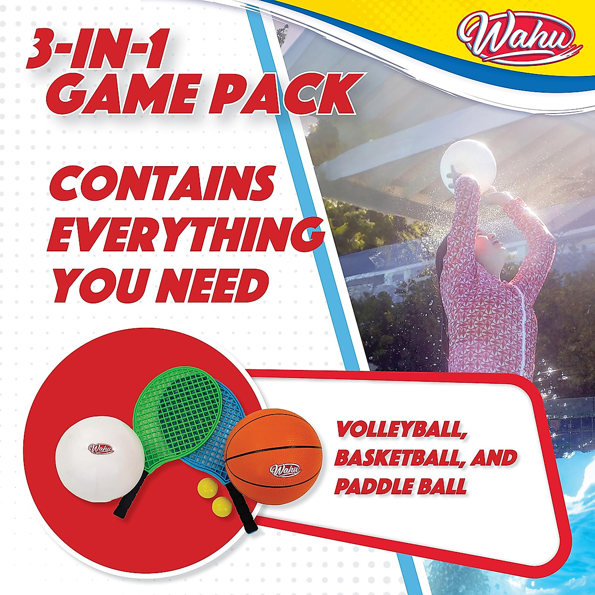 Wahu 3-in-1 Pool Sports Game Pack with Basketball and Hoop, Volleyball and Net, and Paddles and Paddle Balls, Pool Volleyball, Basketball, and Paddle Ball Set