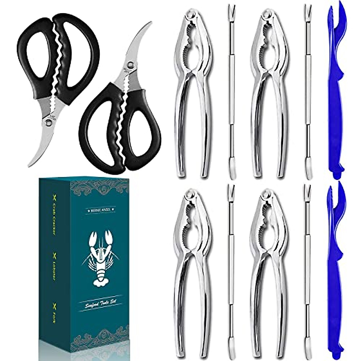 13 Pcs Seafood Crab Crackers and Tools, Nut Lobster Crackers and Picks Set Including 4 Lobster Crab Crackers 2 Lobster Shellers 4 Forks 2 Seafood Scissors and 1 Gift Box