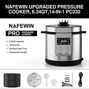 Electric Pressure Cooker 6.34QT NAFEWIN 14-in-1 Electric Multi-Cooker Stainless Steel, Slow Cooker, Rice Cooker, Steamer, Sauté, Yogurt Maker, Warmer & Sterilizer, Recipes, 1000w, 110v