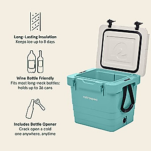 Retrospec Palisade Rotomolded 25 Qt Cooler - Fully Insulated Portable Ice Chest with Built in Bottle Opener, Tie-Down Slots & Dry Goods Basket - Large Beach, Camping & Travel Coolers - Blue Ridge
