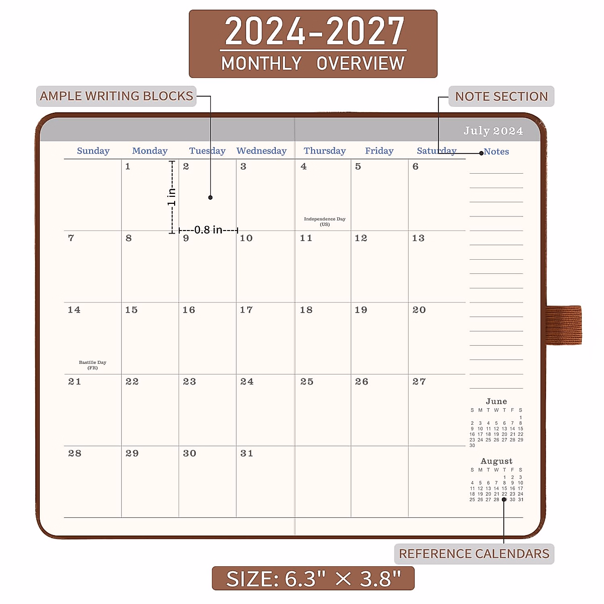 2024-2027 Monthly Pocket Planner - 3 Year Pocket Calendar, Faux Leather Cover, Jul 2024 - Jun 2027, 3.8" × 6.3", Pen Holder, 2 Bookmarks, Back Pocket