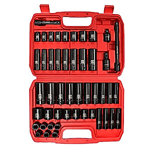 LLNDEI 3/8" Drive Impact Socket Set SAE and Metric (5/16"- 3/4", 8-22mm) 48pcs, CR-V Steel, 6 Point Sockets, Extension Bar (3-in, 6-in), 1/2"F to 3/8"M Reducer, 3/8" Universal Joint