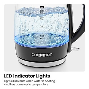 Chefman Electric Kettle, 1.8L 1500W, Hot Water Boiler, Removable Lid for Easy Cleaning, Auto Shut Off, Boil-Dry Protection, Stainless Steel Filter, BPA Free, Borosilicate Glass Electric Tea Kettle