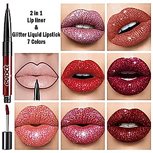 evpct 7Pcs Pink Red Glitter Matte Lip Liner and Liquid Lipstick Set Kit Long Lasting, Matte to Lip Glitter Metallic Dark Red Sparkle Sparkly Glossy Permanent Liquid Lipsticks Lip Gloss Set for Women