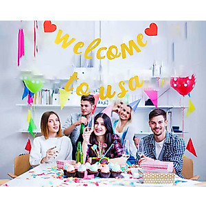 Vrogadso Welcome to USA America Banner Pre-Strung No DIY Rose Gold Glittery Aboard Party Decorations