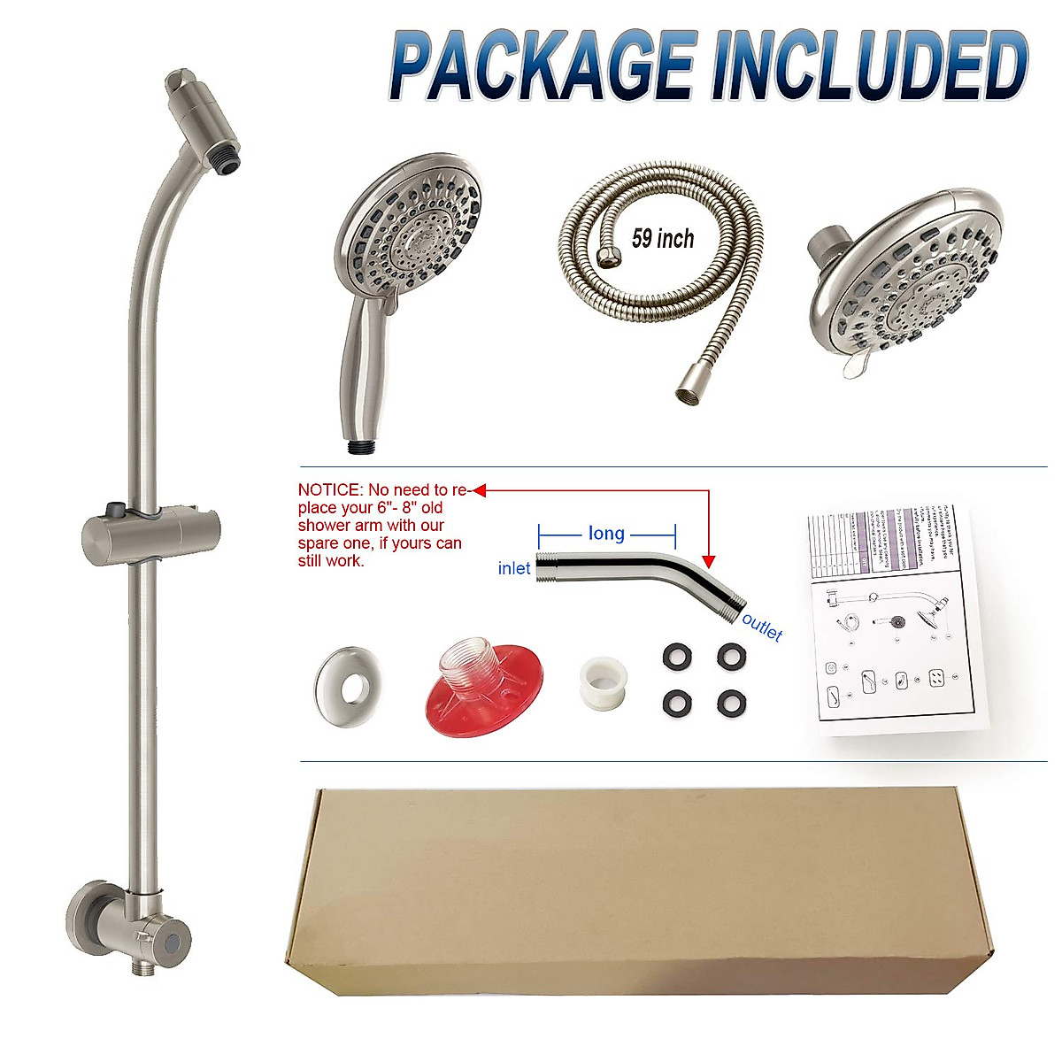 Egretshower Handheld Showerhead & Rain Shower Combo for Easy Reach, 27.5" Drill-free Stainless Steel Slide Bar, 5”of 5-setting Handheld Shower and Showerhead, with 5ft Hose -Brush Nickel