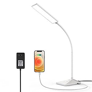 MONGERY LED Desk Lamp, Eye-Caring Table Lamps with USB Charging Port,7 Brightness Levels & 5 Color Modes,Touch Control and Memory Function,7W Flexible Gooseneck Reading Lamp for Home Office, White