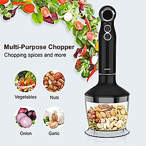 Immersion Blender XMIX, 4-in-1 Immersion Hand Blender 20 Speed & Turbo, Electric Stick Blender Stainless Steel with Beaker, Whisk, Chopper for Baby Food, Soup Blender Handheld