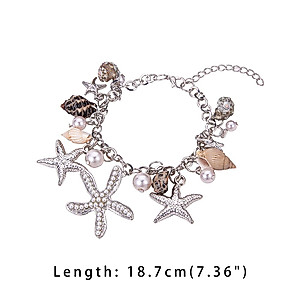 PH PandaHall Starfish Shell Anklet Bracelets, 7" Mermaid Bracelets Conch Starfish Faux Pearl Anklet Bracelet Charm Women Bohemian Adjustable Shell Bracelet Mermaid Costume Jewelry for Women, Silver