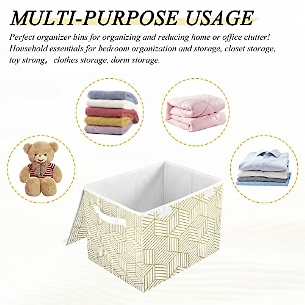 Oyihfvs Gold Abstract Geometric Cubes Foldable Cube Storage Basket Collapsible Fabric with Lidded Sturdy Handles Organizer Box for Home Bedroom 16.5 x 12.6 x 11.8 in