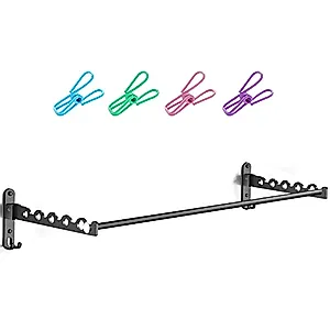 LIVEHITOP Wall Mounted Clothes Dryer, Foldable Laundry Rack Accessories Hanger Hook Rod for Bathroom Bedroom Hotel (Black, 2)