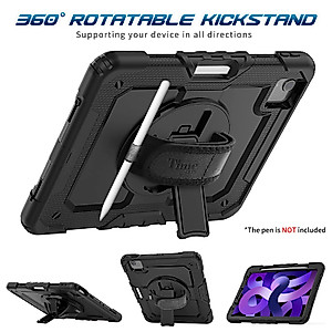 Timecity Case for iPad Air 5th Generation 2022/ for iPad Air 4th Generation 2020-10.9 inch, Durable Sturdy Protection Case with Pencil Holder Screen Protector [360 Rotating Stand] Hand Strap- Black