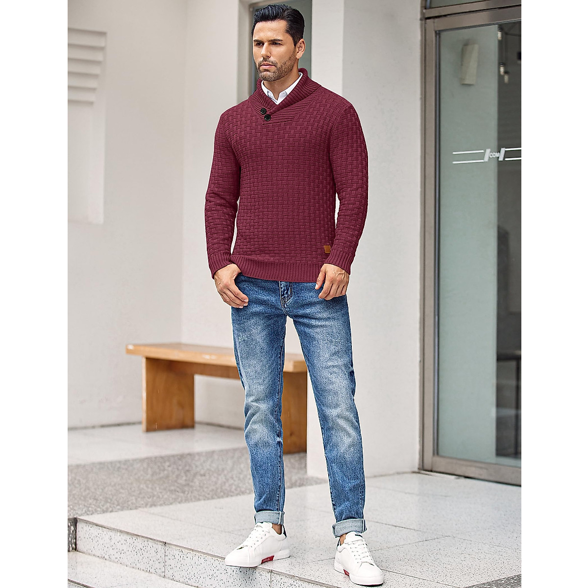COOFANDY Men's Shawl Collar Sweaters V-Neck Relaxed Fit Basket Knitted Pullovers Wine Red