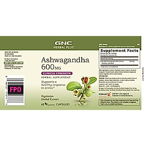 GNC Herbal Plus Ashwagandha 600mg, 60 Capsules, Supports a Healthy Response to Stress